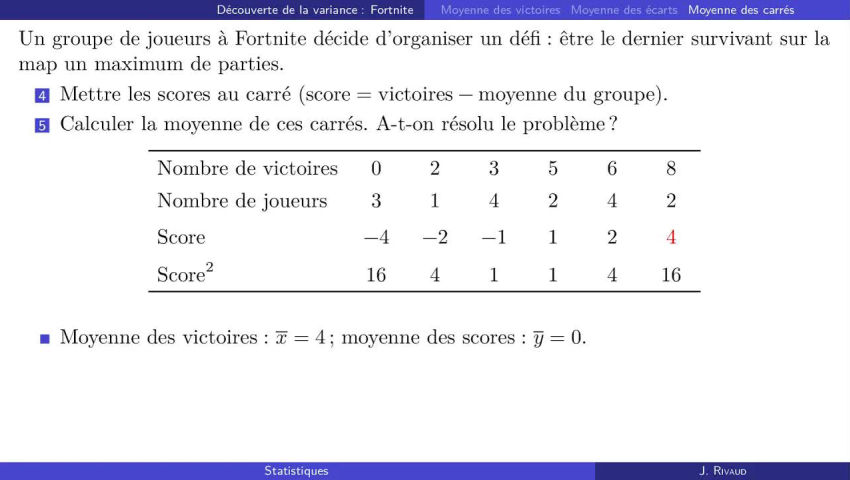 Découverte de la notion de variance: moyenne des carrés des écarts ...